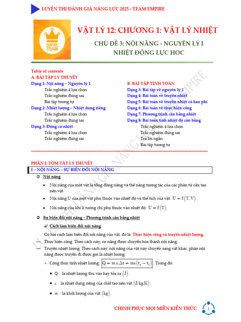Vat Ly Chuong 1 Vat Ly Nhiet Chu de 3 Noi Nang Nguyen Ly 1 Nhiet Dong Luc Hoc-Loi Giai | PDF