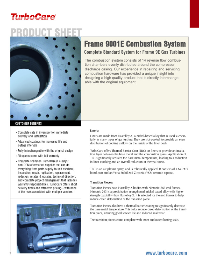 Frame 9E Combustion System Product Sheet | PDF