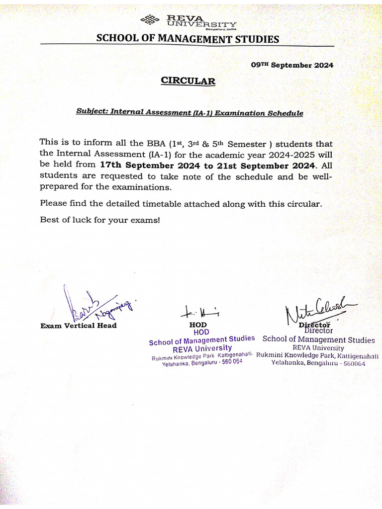 IA1 Circular and Timetable | PDF