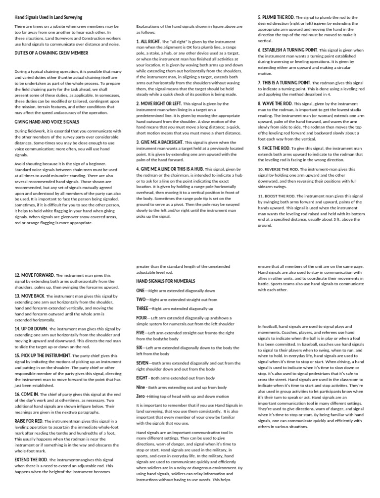 Surveying Hand Signals Guide | PDF | Surveying | Arm