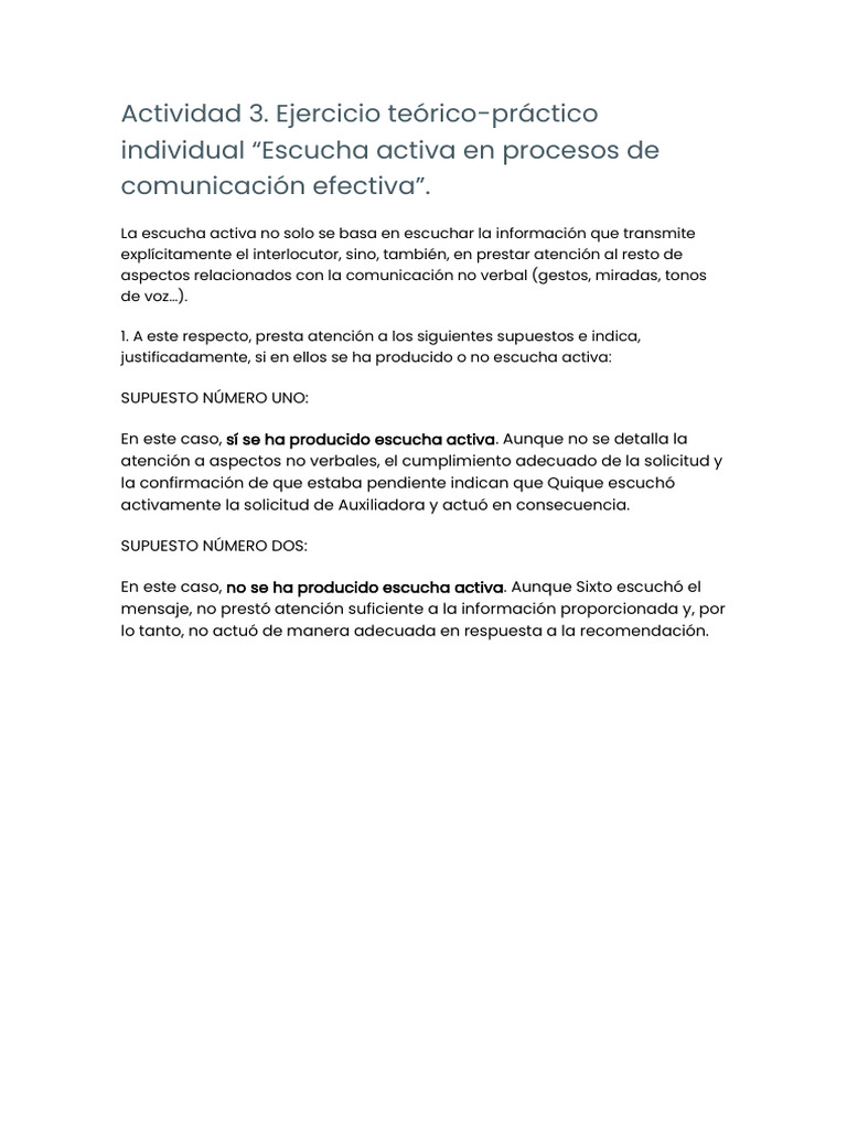 Actividad 3. Ejercicio Teórico-Práctico Individual "Escucha Activa en Procesos de Comunica | PDF