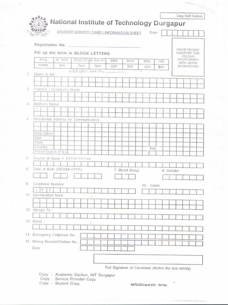Student Identity Card Information Sheet | PDF