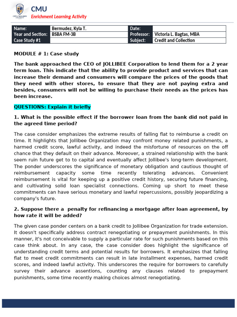 Quiz 1 Case Study in Credit and Collection | PDF