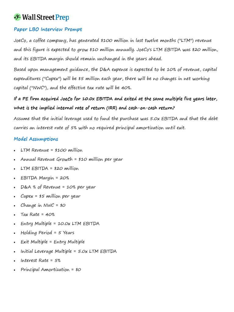 WSP Paper LBO Interview Prompt | PDF