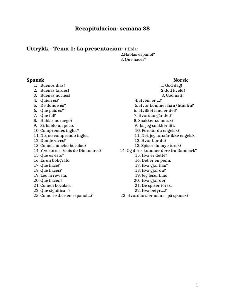 Palabras Gloseprøve Uke 38 | PDF