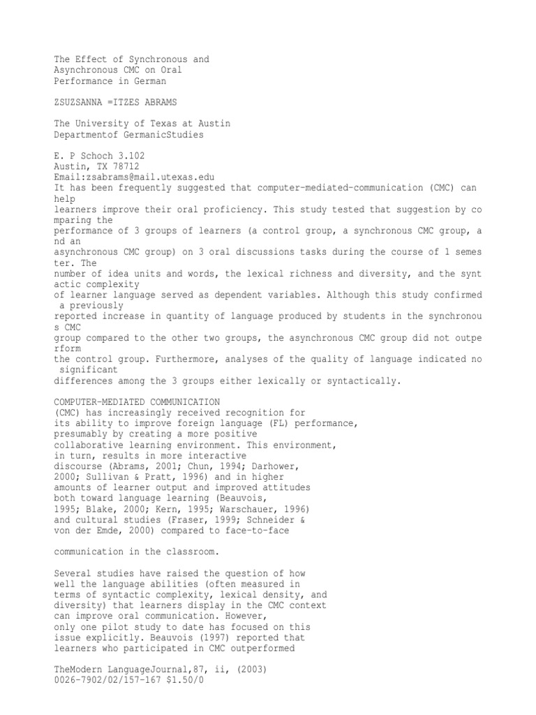 Abrams - The Effect of Synchronous and A Synchronous | PDF | Computer Mediated Communication ...
