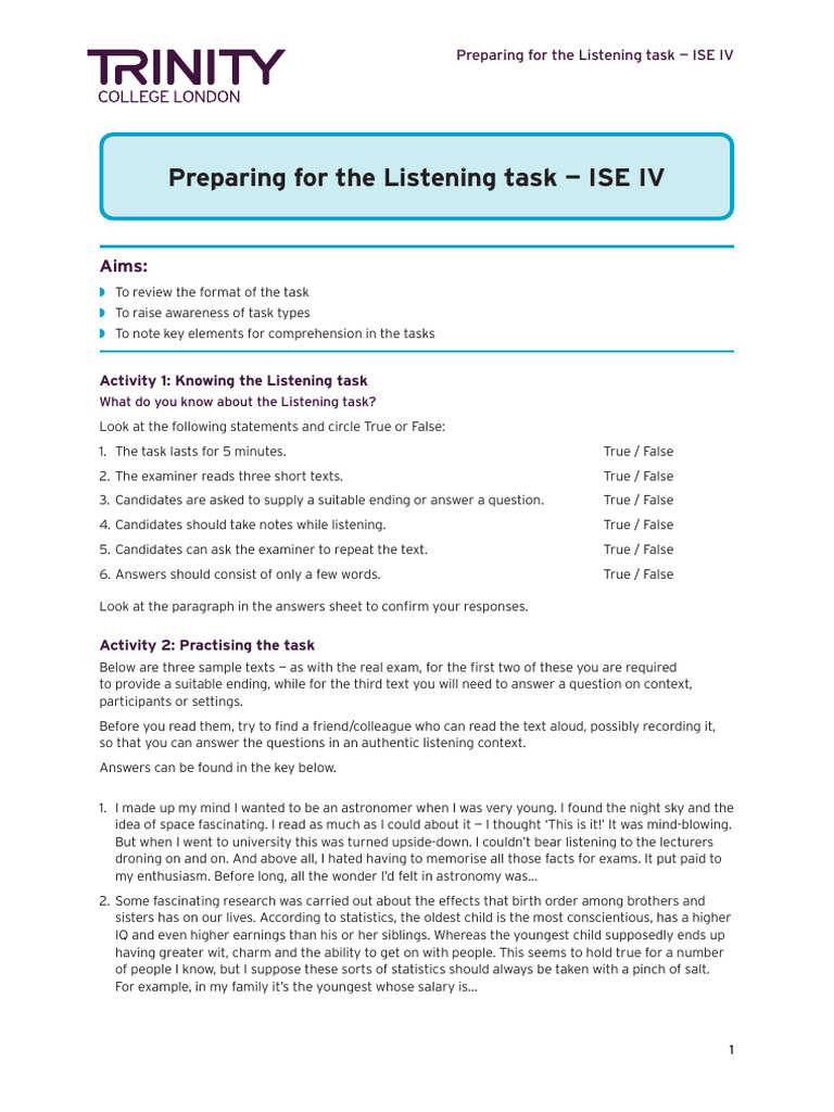Preparing for the Listening task - ISE IV | PDF