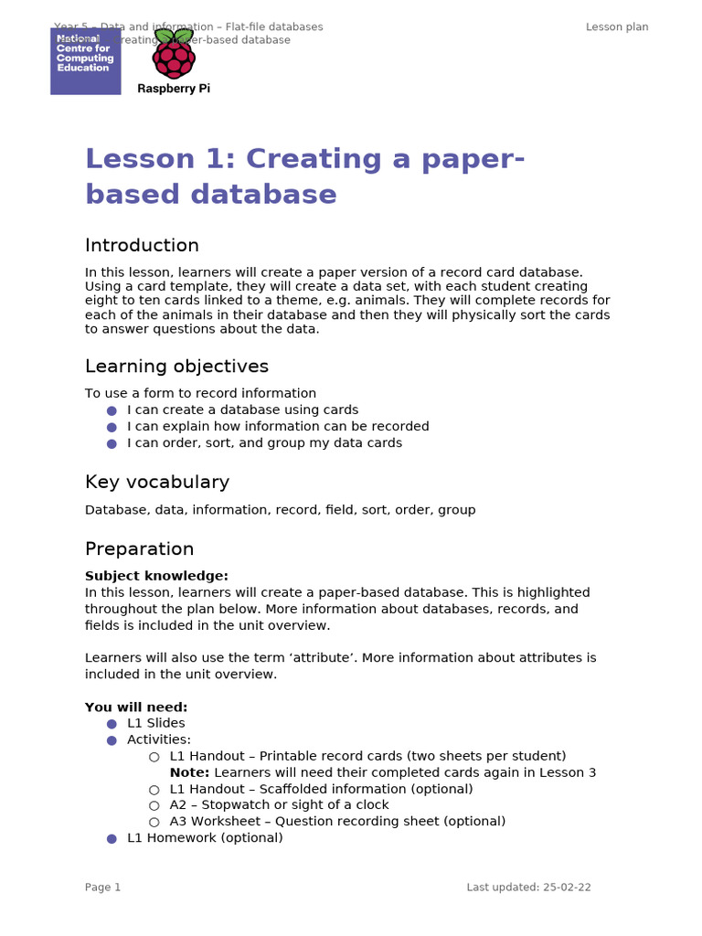 L1 Lesson Plan - Flat-File Databases - Y5 | PDF