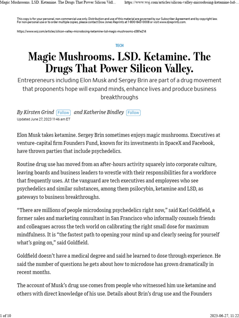 Magic Mushrooms. LSD. Ketamine. The Drugs That Power Silicon Valley. - WSJ | PDF