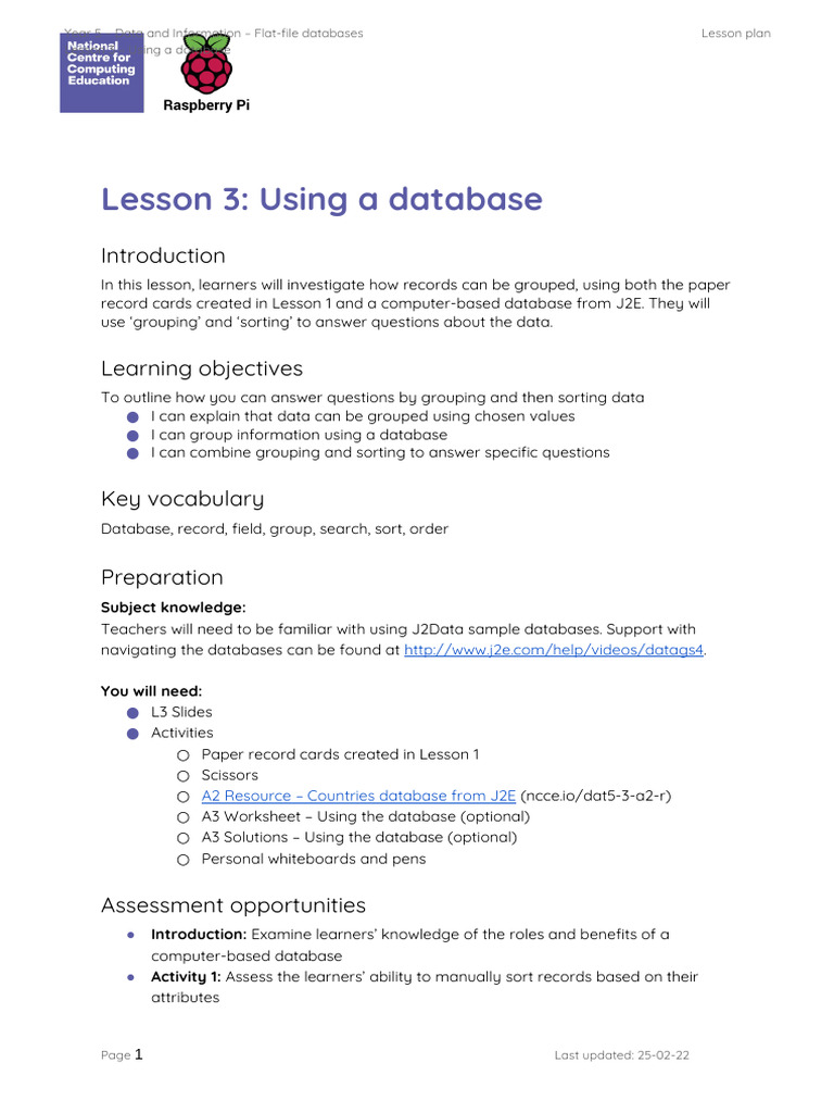 L3 Lesson Plan - Flat-File Databases - Y5 | PDF