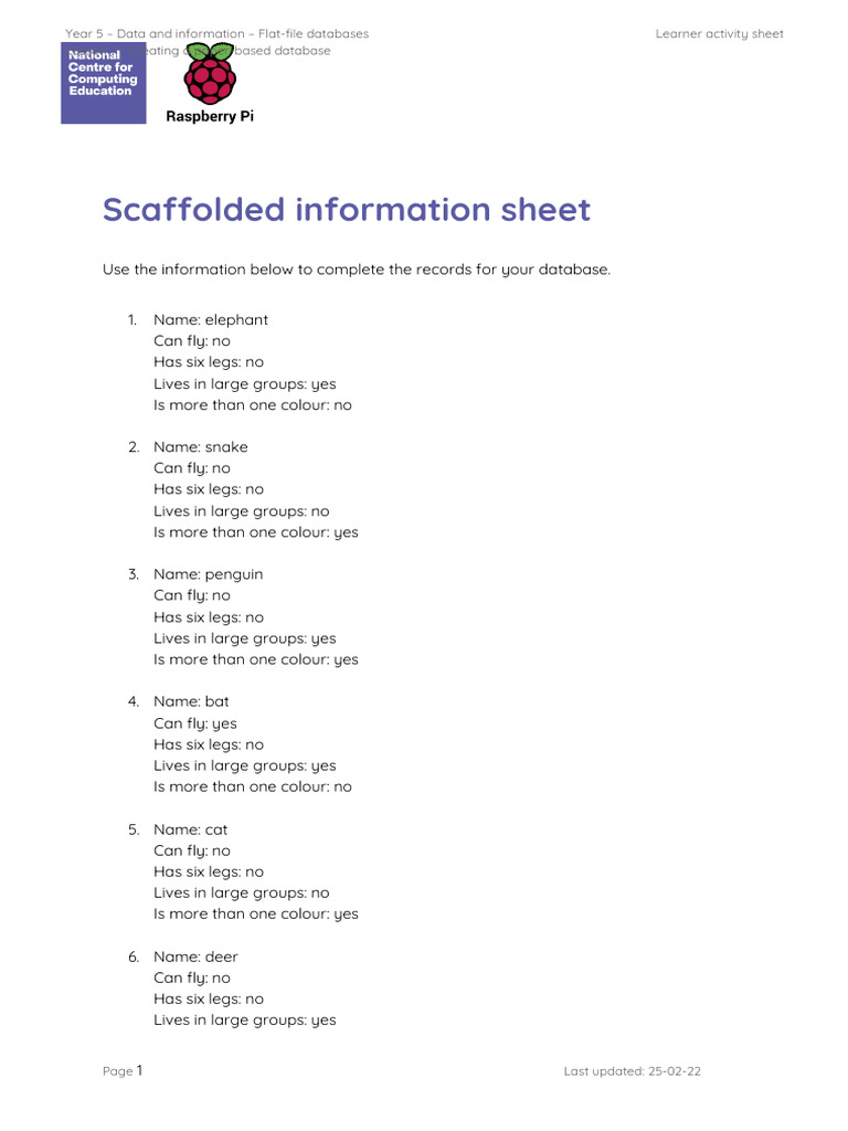 L1 Handout - Scaffolded Information - Flat-File Databases - Y5 | PDF