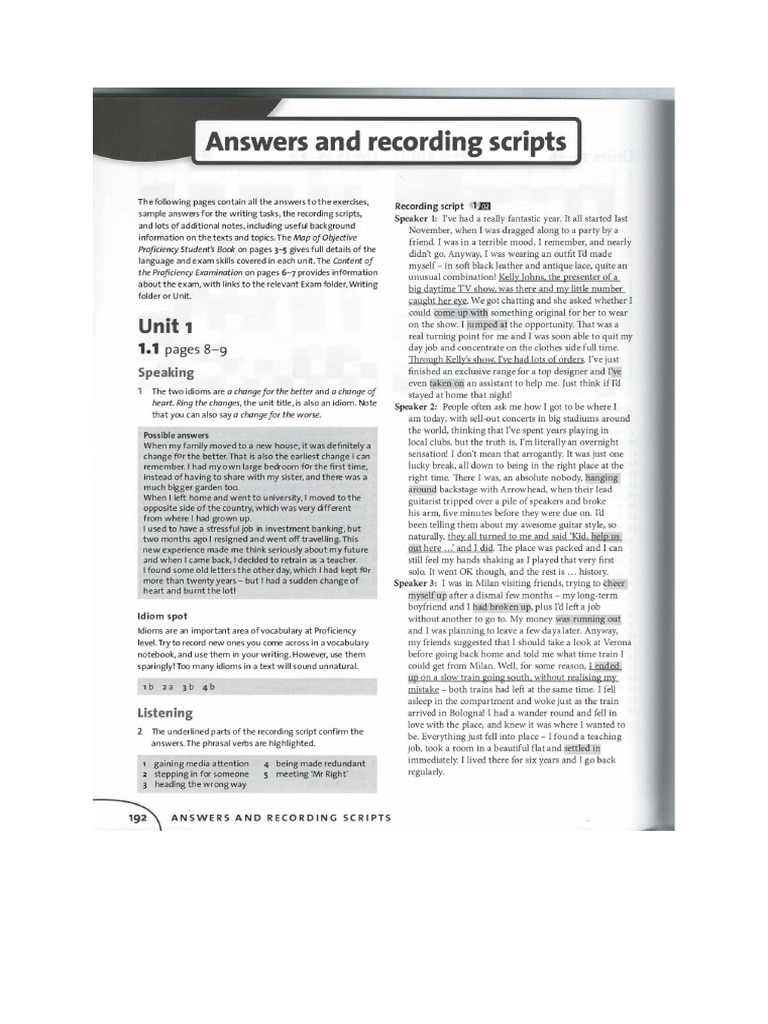 Keys and Answers Objective Proficiency | PDF