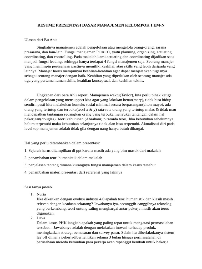Resume Presentasi Dasar Manajemen Kelompok 1 Em-1 | PDF