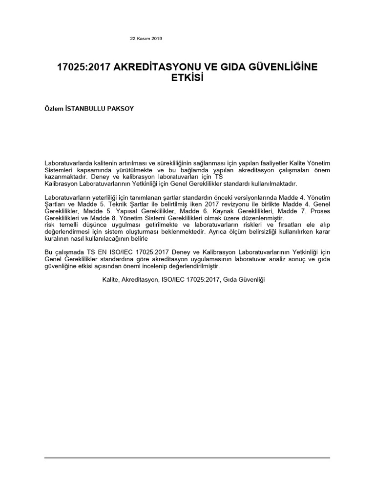 17025:2017 Akreditasyonu Ve Gida Güvenliğine Etkisi: Gida Kontrol Laboratuvarlarinda Iso/Iec | PDF