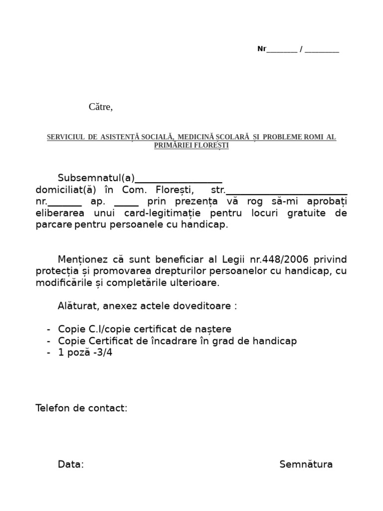 Cerere Card Legitimatie Parcare Pers. Cu Handicap | PDF