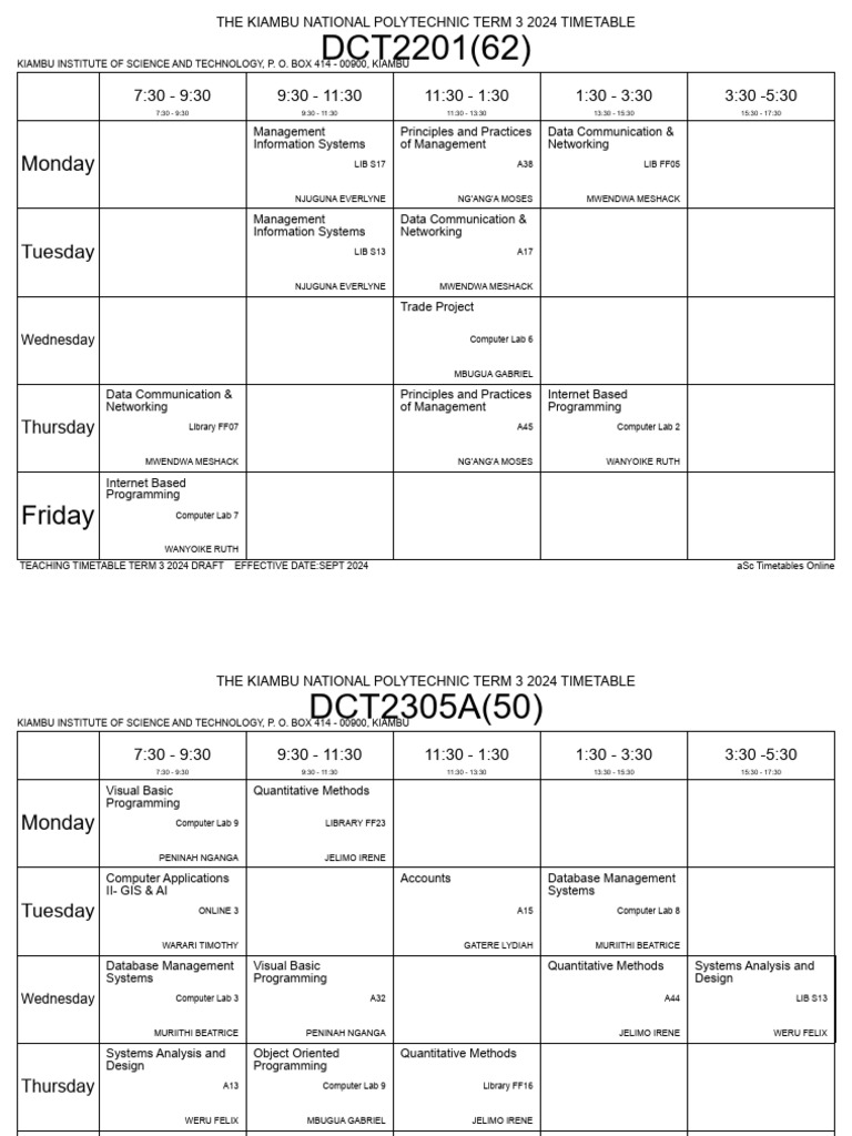 Ict Dept Classes Timetable Term 3 2024 Effective 16th Sept 2024 | PDF