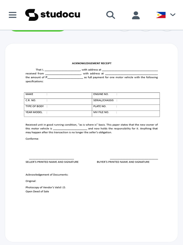 Motorcycle Acknowledgement Receipt - ACKNOWLEDGEMENT RECEIPT That I ...