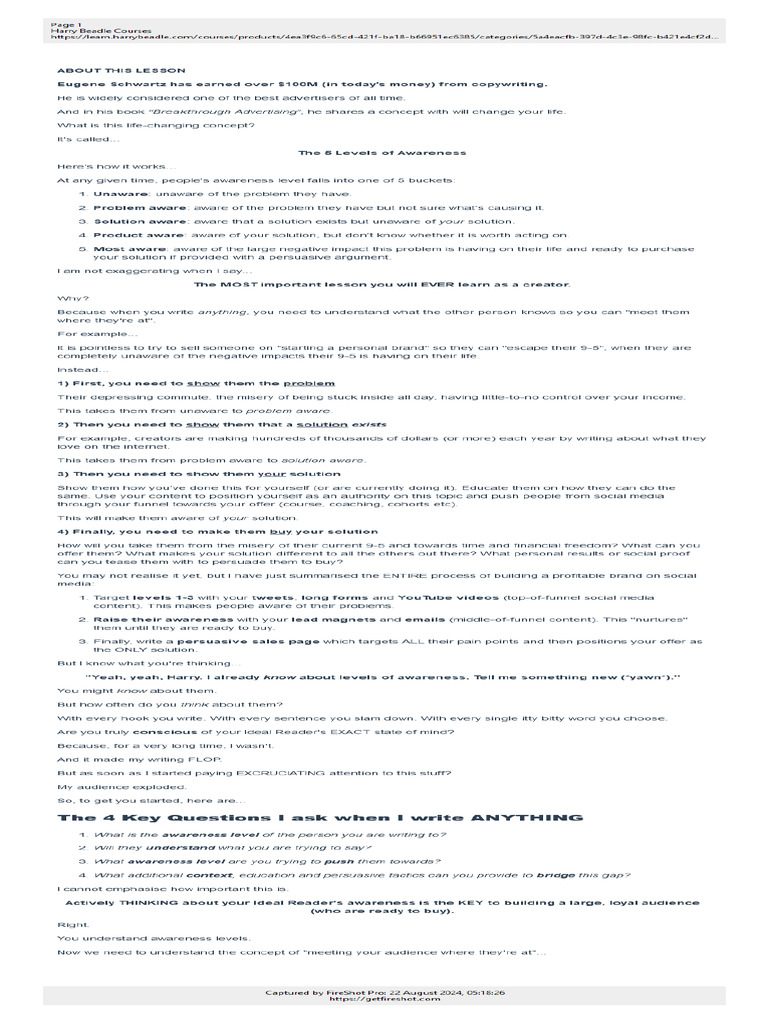 02-A Deep Dive Into The 5 Levels of Awareness | PDF