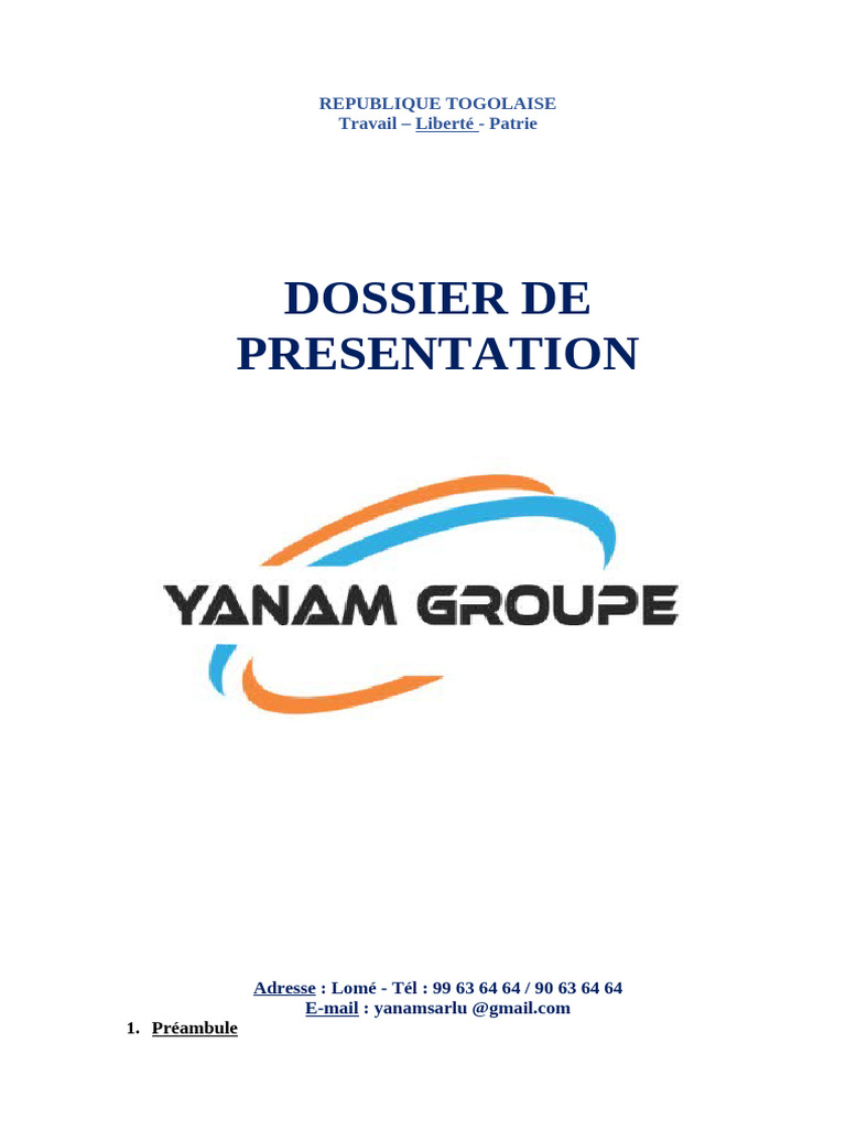 Dossier de Presentation Yanam Groupe | PDF