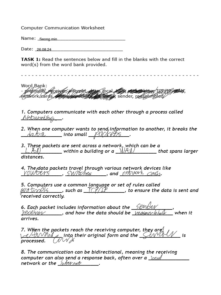 Computer Communication Worksheet | PDF