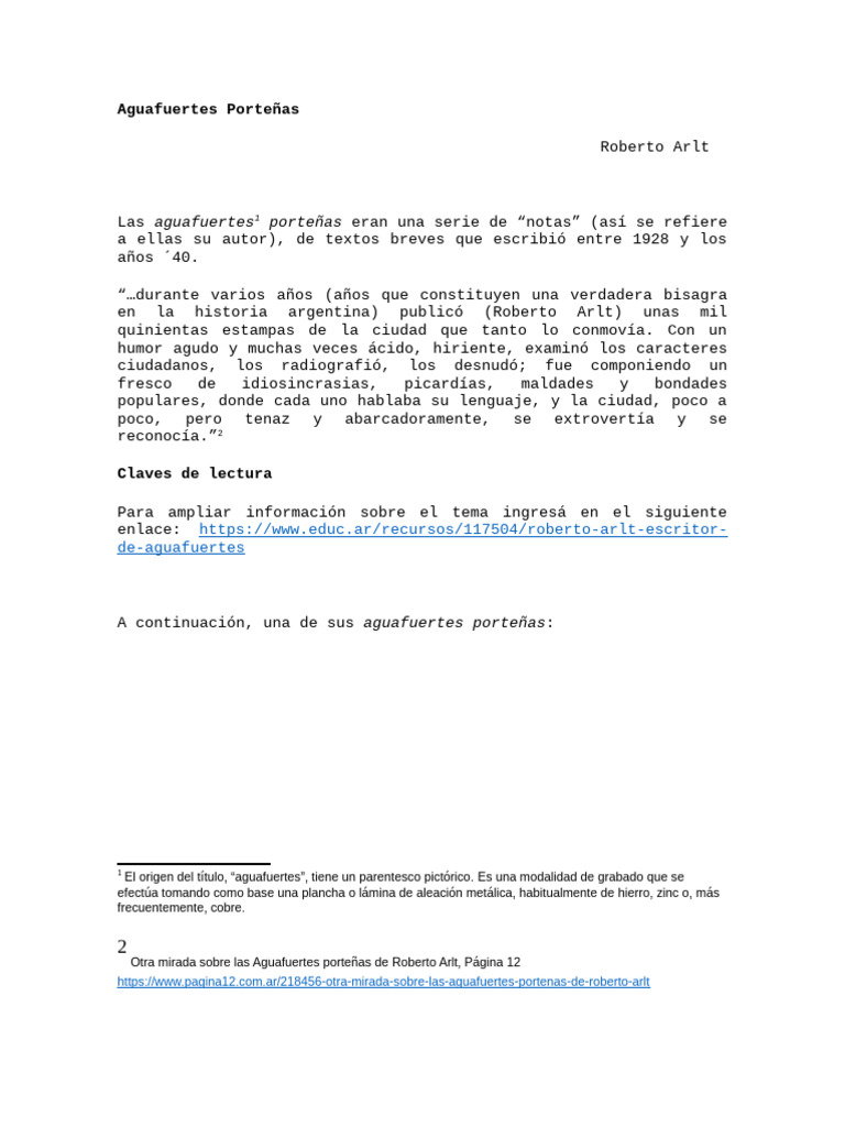 Roberto Arlt Con Actividades para Aguafuertes | PDF | Grabando | Derecho