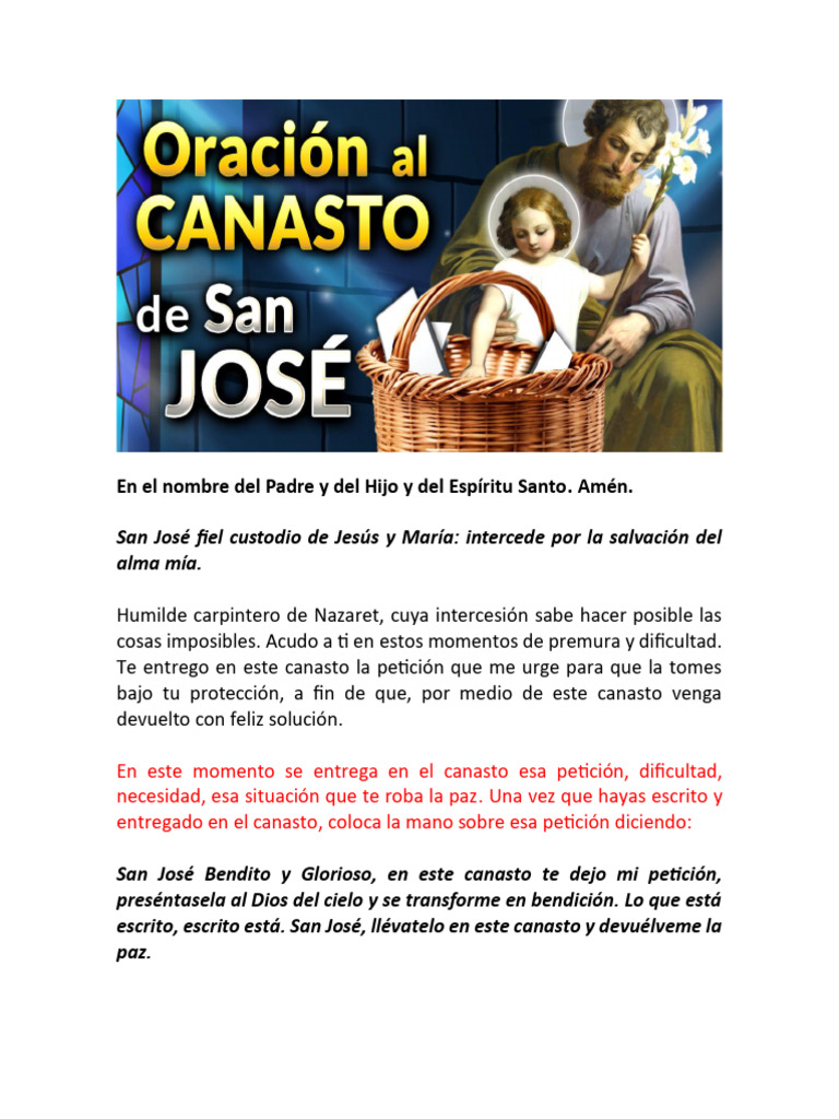 Oracion Al Canasto de San Jose Heraldos SV | PDF