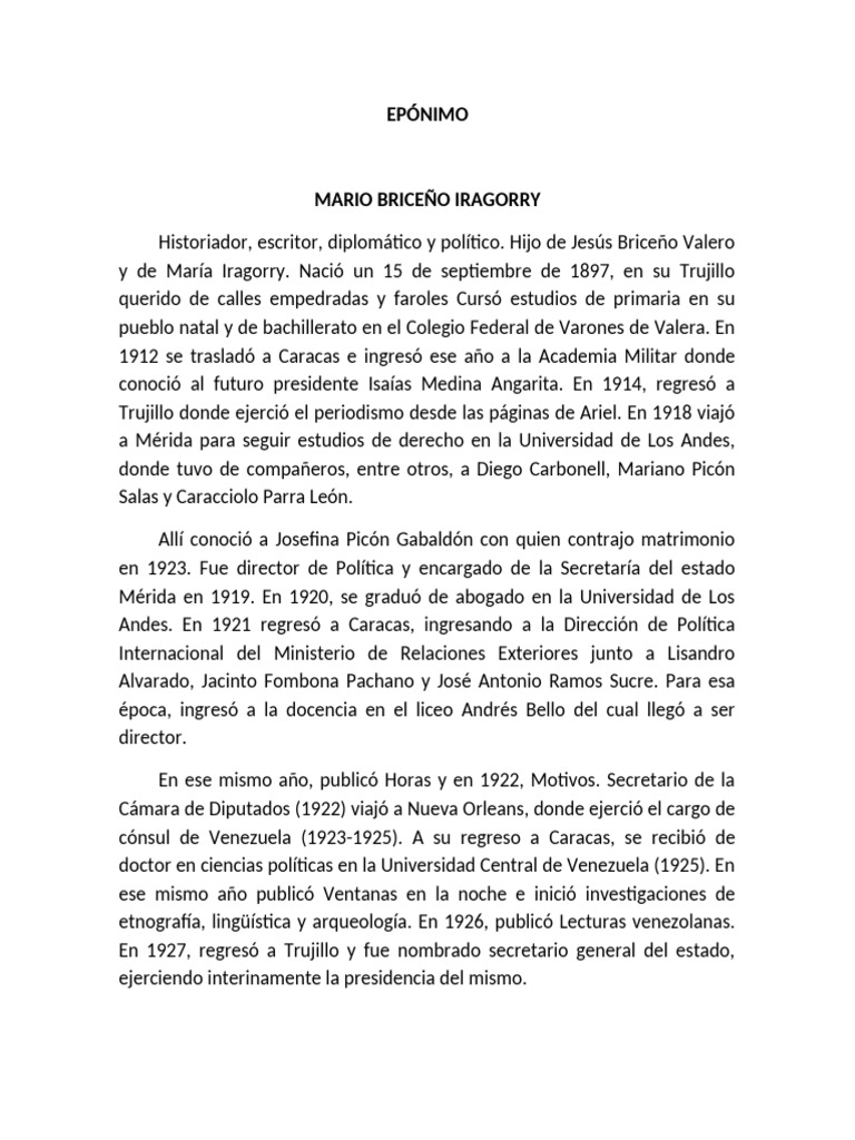 BIOGRAFIA DE MARIO BRICEÑO IRAGORRY NUESTRO EPONIMO | PDF