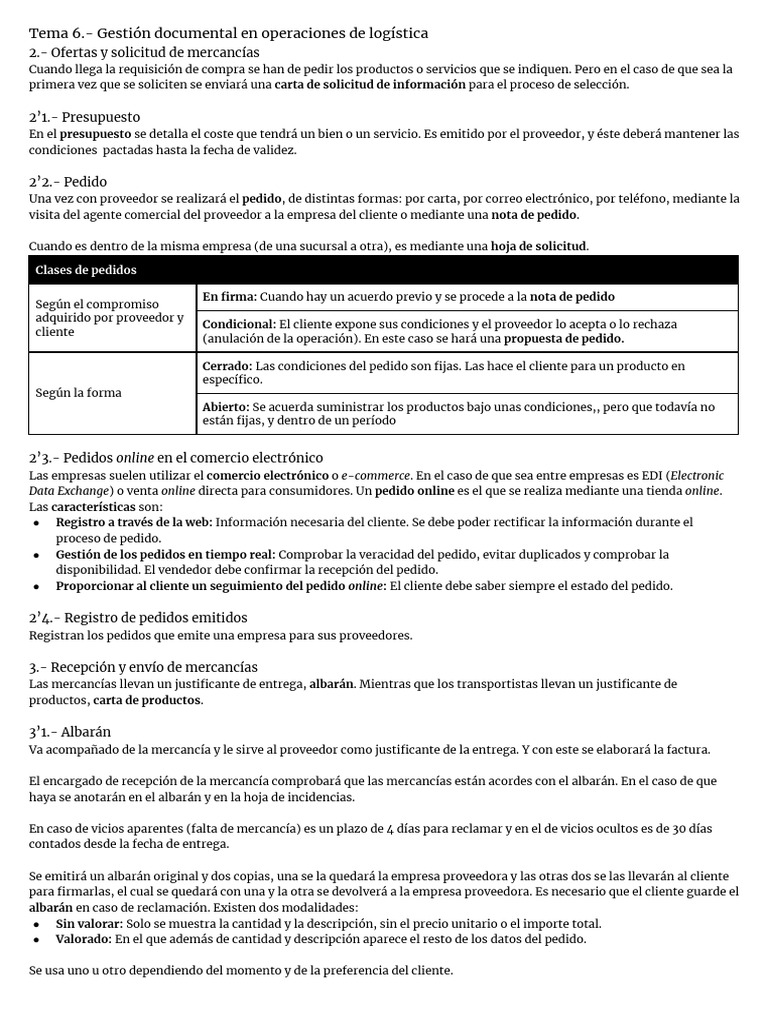 Tema 6.- Gestión documental en operaciones de logística | PDF