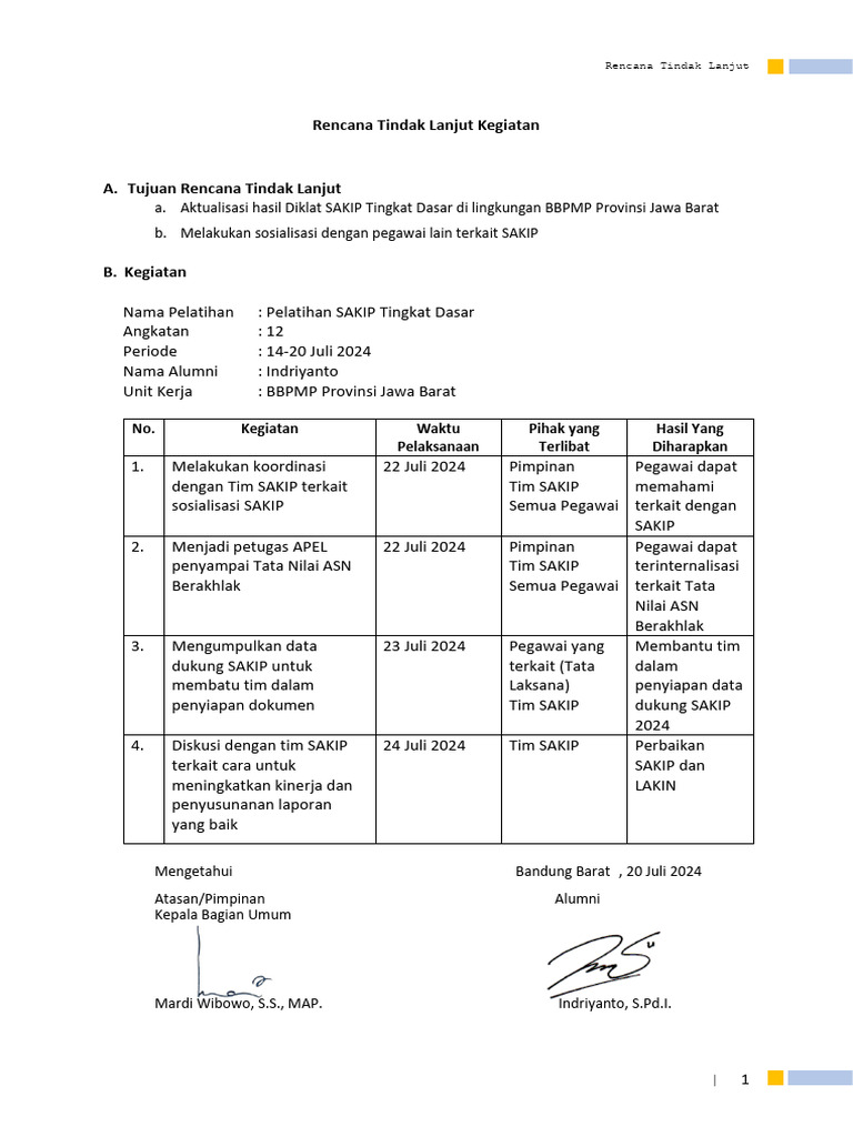 Form Contoh - Rencana Tindak Lanjut | PDF
