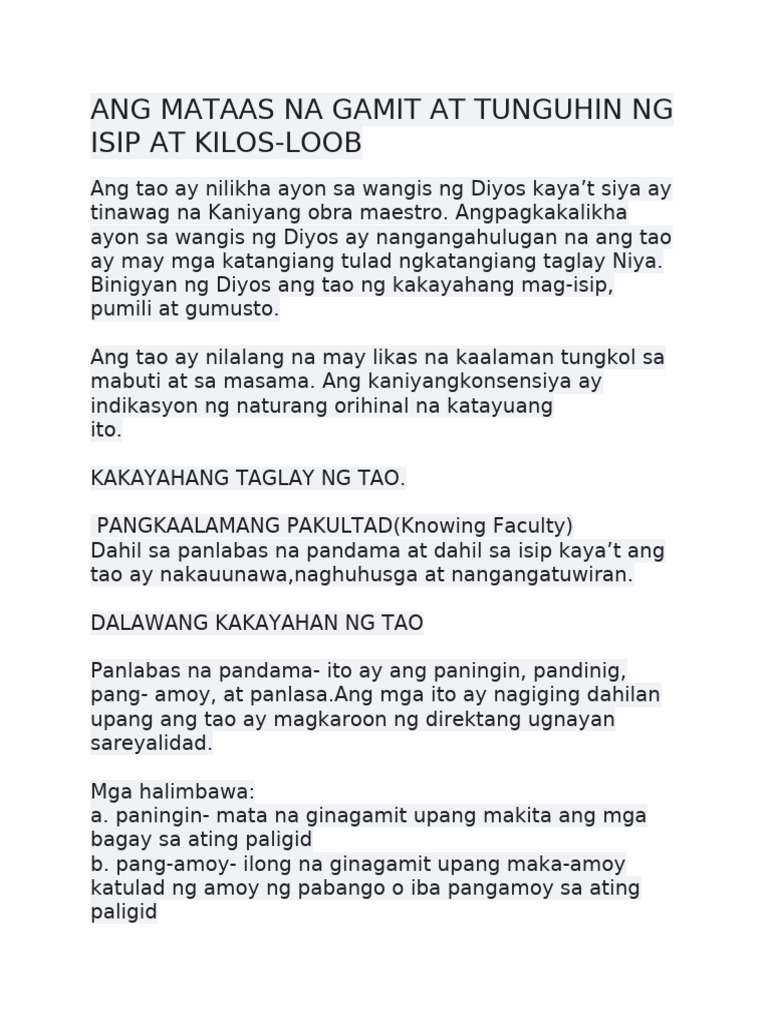 Ang Mataas Na Gamit at Tunguhin NG Isip at Kilos | PDF