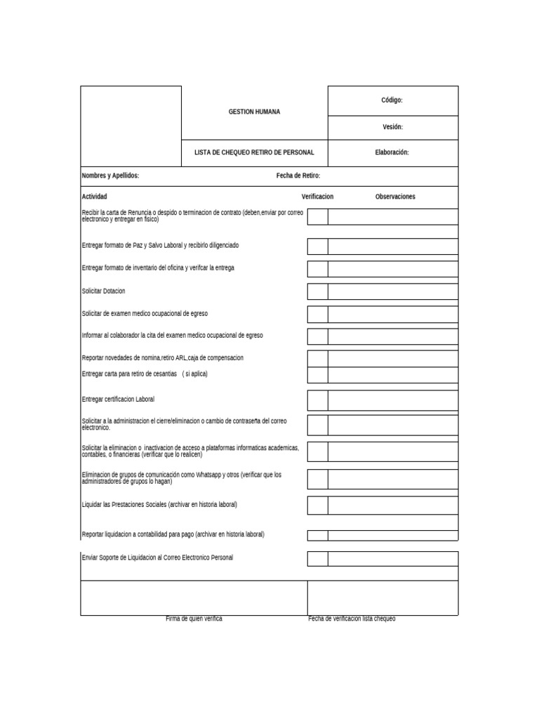 Lista de Chequeo Retiro de Personal Editable | PDF