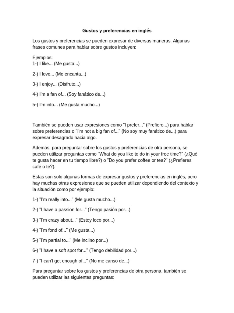 Gustos y Preferencias en Inglés | PDF