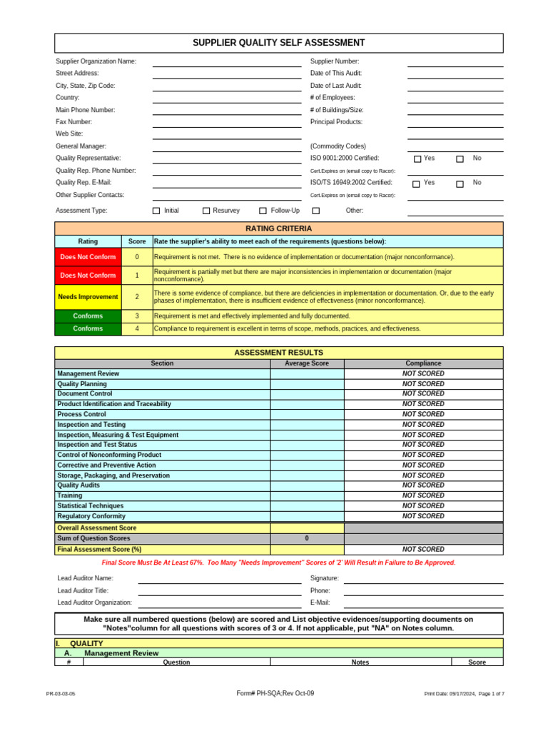 Supplier Quality Self Assessment Form | PDF | Calibration | Audit