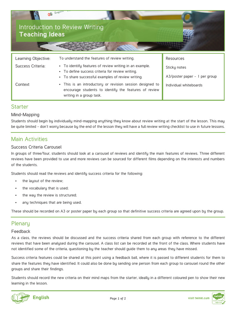 Introduction to Review Writing Teaching Ideas | PDF