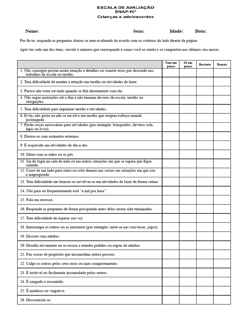 ESCALA criança e adolescentes SNAP-IV.docx | PDF