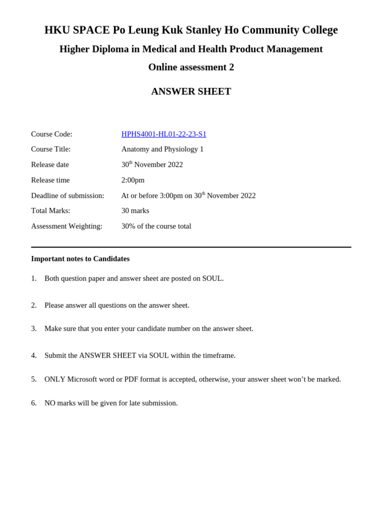 2022-2023 AP1 Assessment 2 - Class A Answer Sheet | PDF