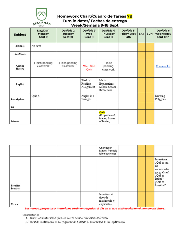 9- 18 Sept Homework Chart_Cuadro de Tareas 7B, | PDF