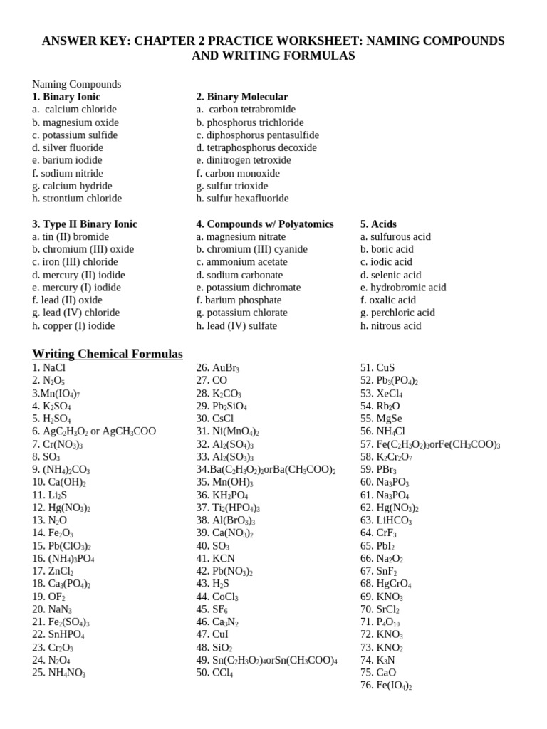 Big Formula Naming Writing WS Answer Key | PDF