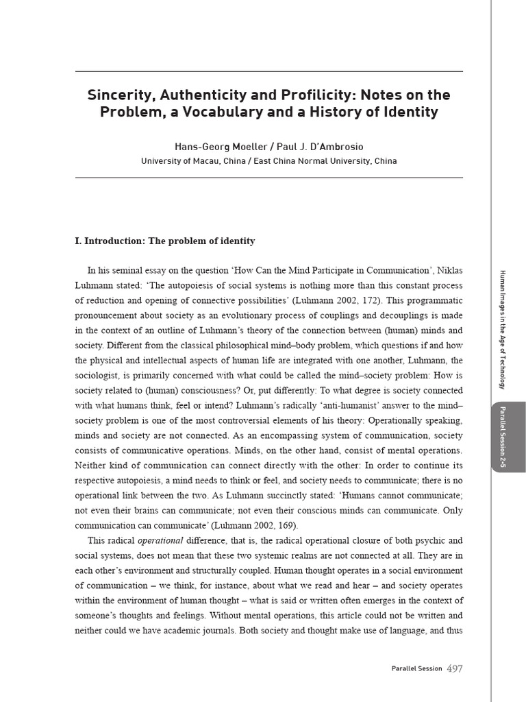 (2-5-2) Sincerity, Authenticity and Profilicity. Notes On The Problem ...