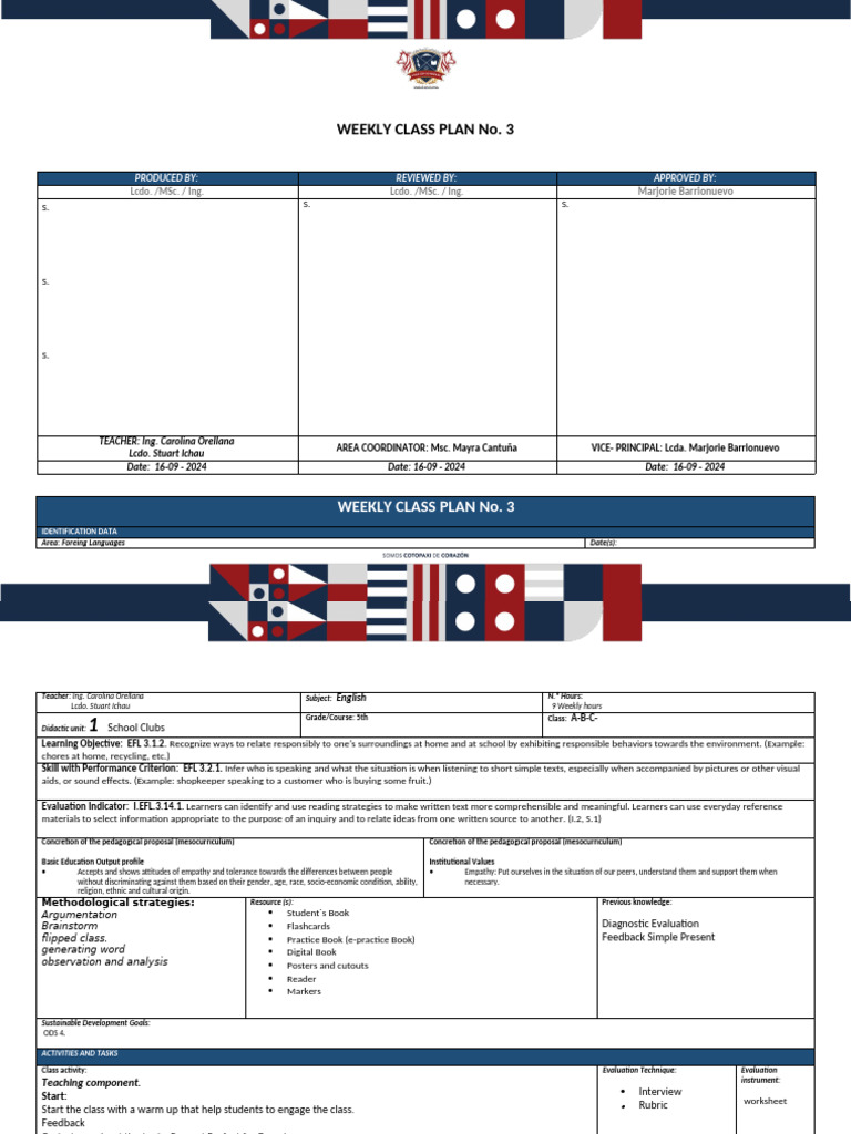 Weekly Plan 1 English 5TH | PDF