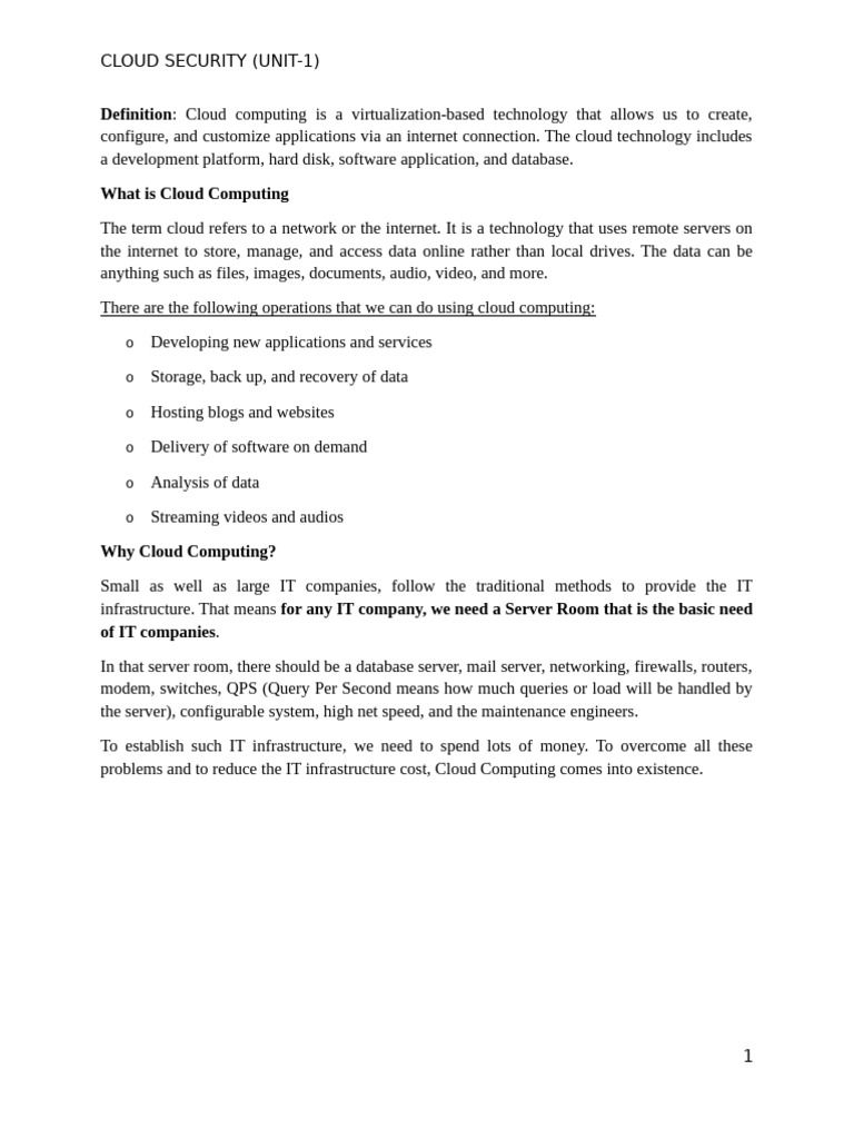 Cloud Security Unit 1 Detailed Notes Pdf