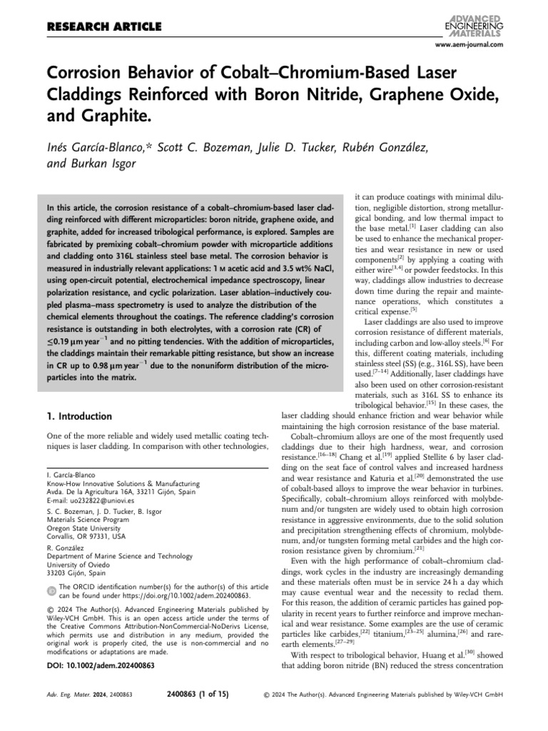 Corrosion Behavior of Cobalt Chromium Based Laser Claddings Reinforced ...