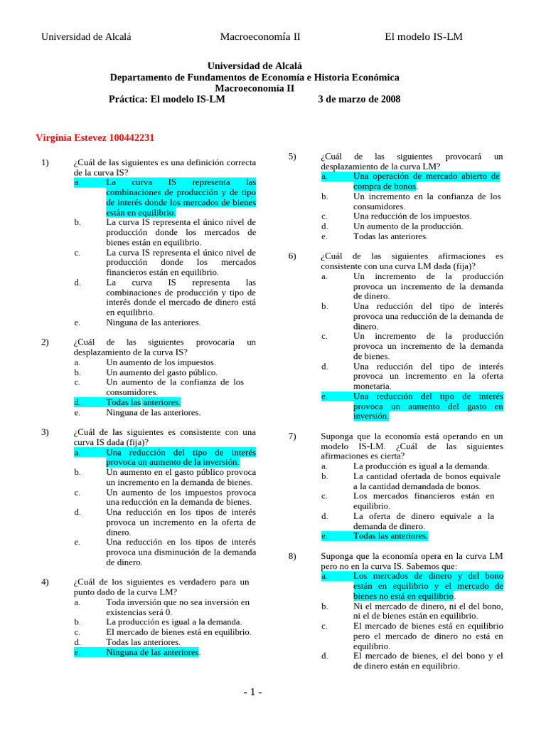 CUESTIONARIO SOBRE IS LM, Resuelto | PDF