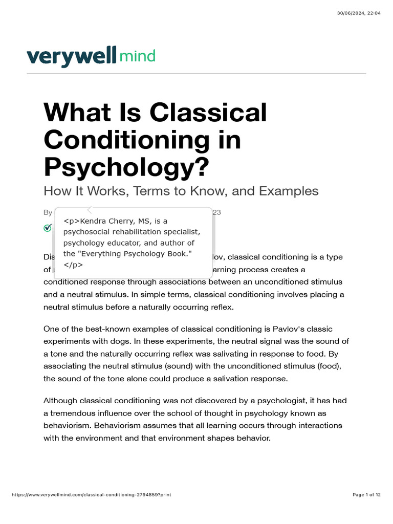 Classical Conditioning Brief Explanation-Behaviorism (1) | PDF