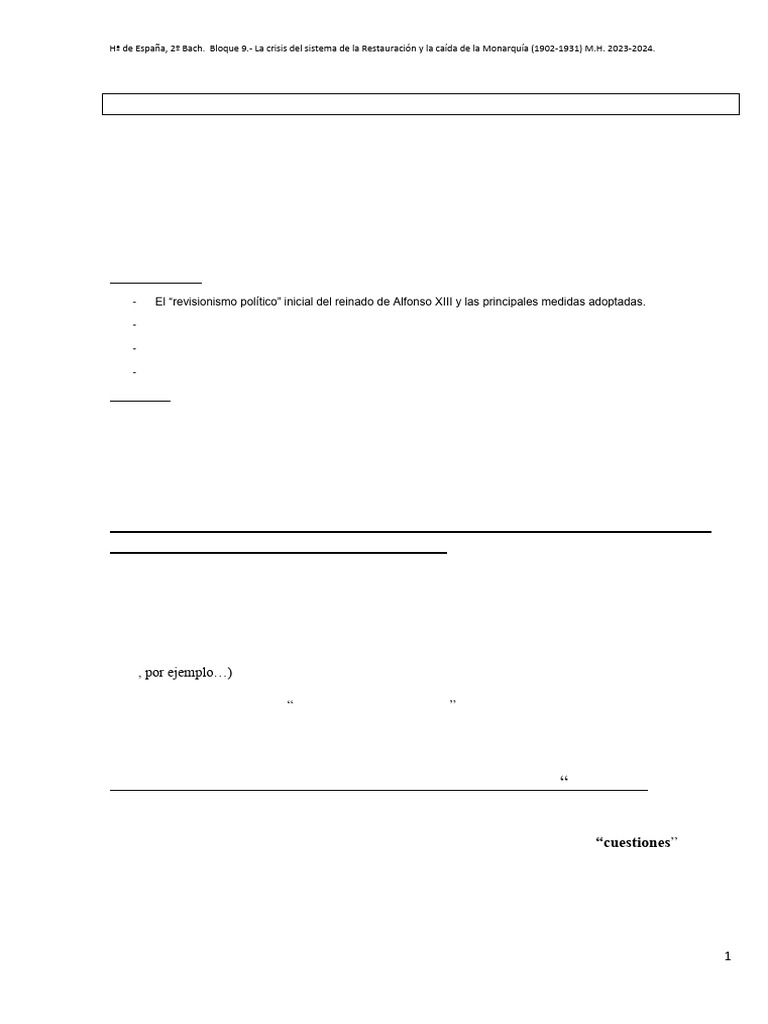 Bloque 9. - La Crisis de La Restauración. Alfonso XIIII | PDF