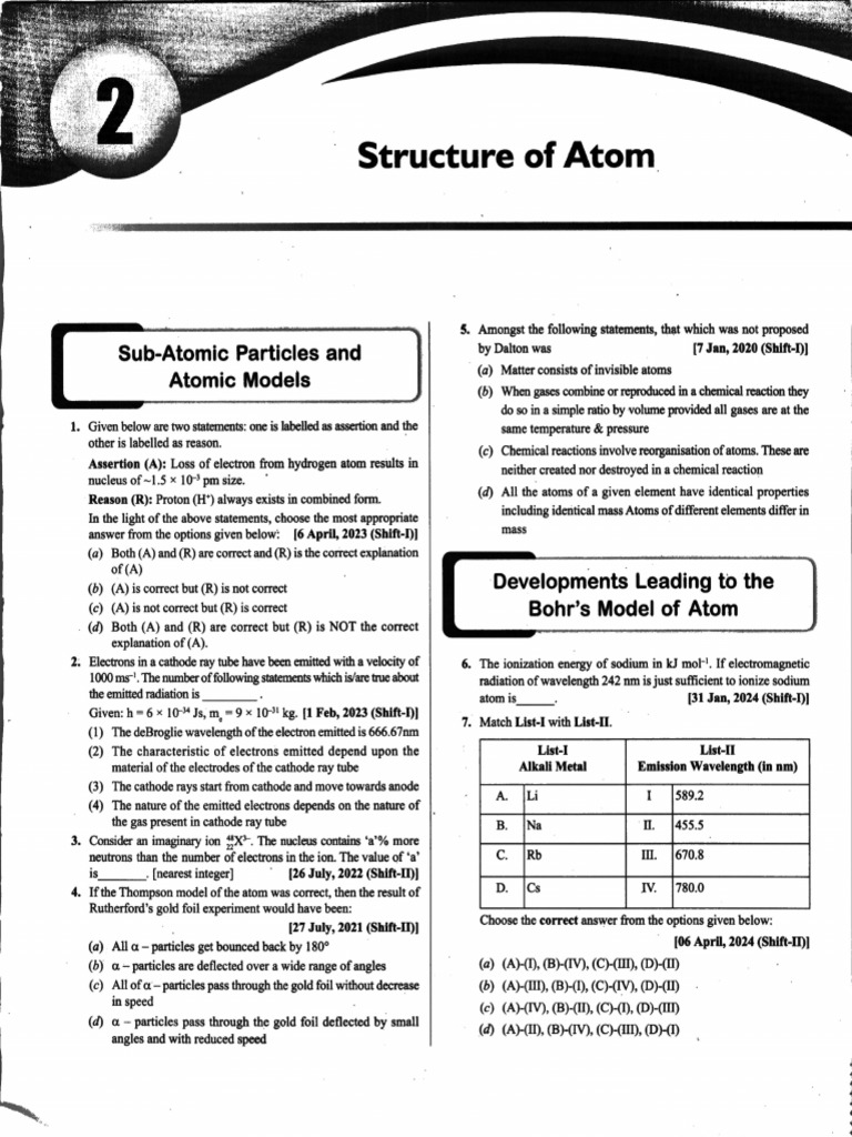 CH_2_XI_Practice Sheet_Structure of Atom_Chemistry_class 11 | PDF
