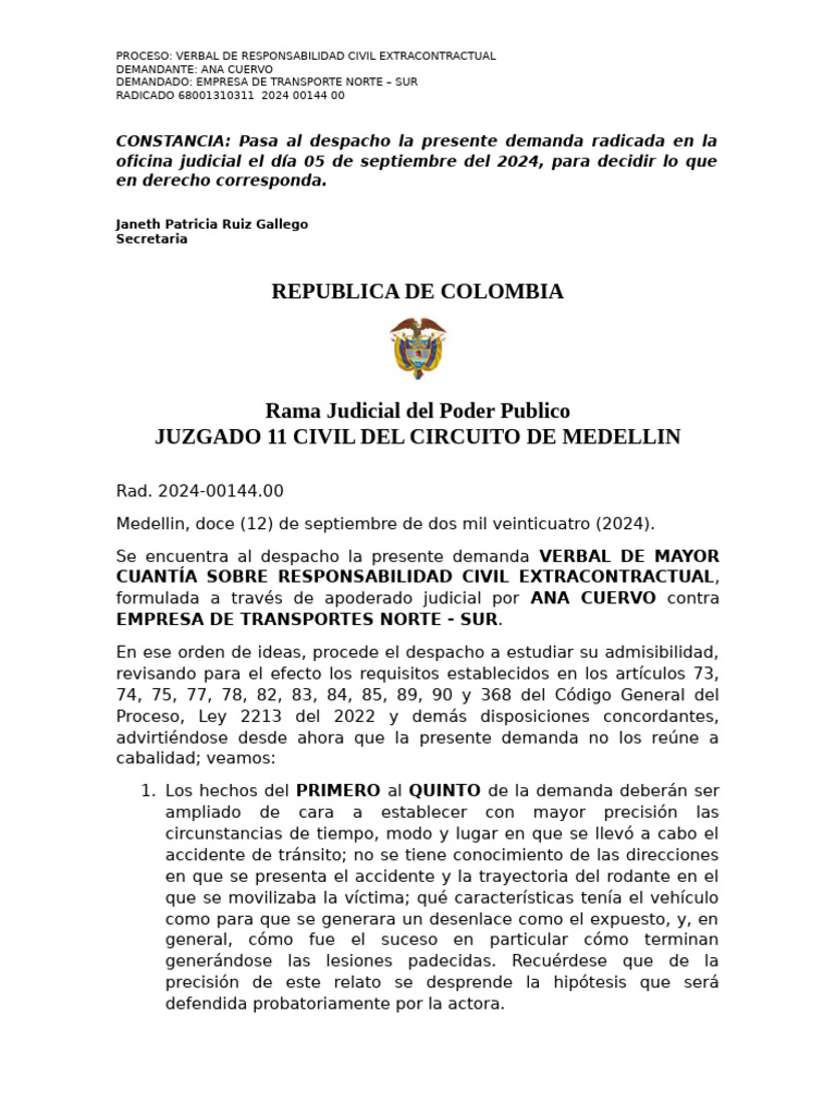 Demanda Civil Extracontractual Ana Cuervo | PDF