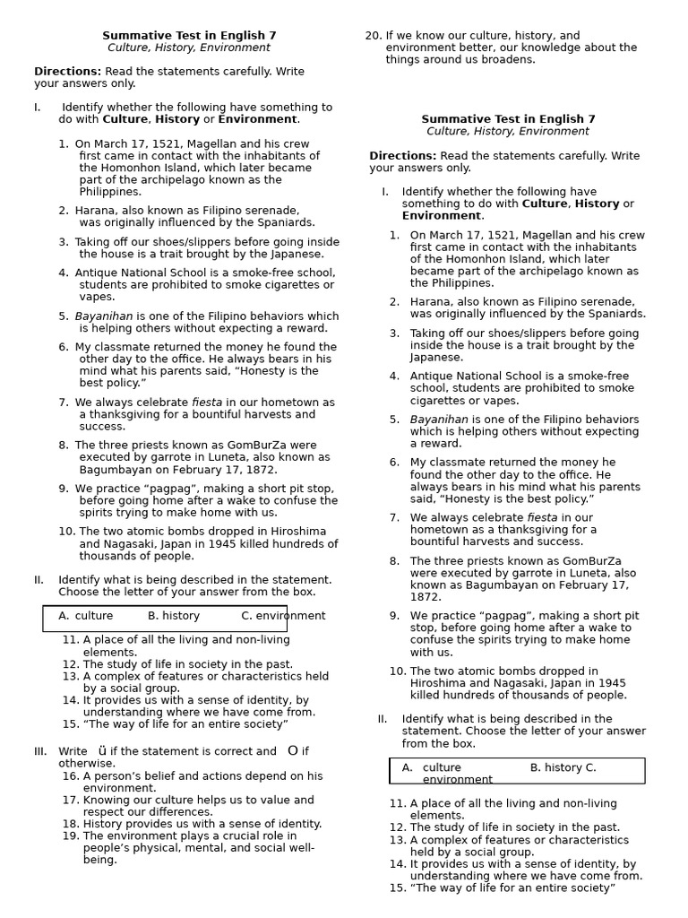 Culture, History, Env-Summative Test in English 7 | PDF