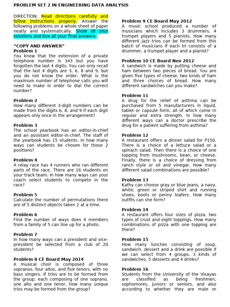 Problem Set 2 in Engineering Data Analysis | PDF