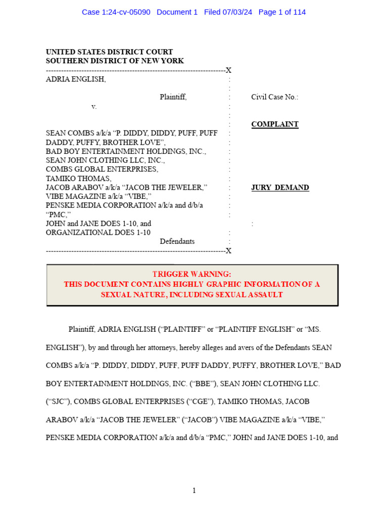 Adria English Diddy Lawsuit White Party Complaint | PDF